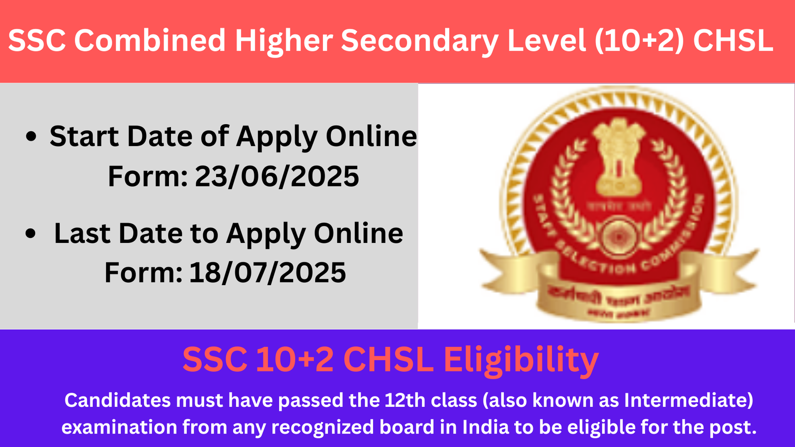 SSC 10+2 CHSL Recruitment 2025 Online Form - Government Free Job Alert India